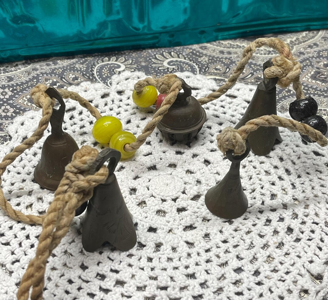 Vintage Small Unique Brass Bells Set of 5 on Worn String- Missing ...