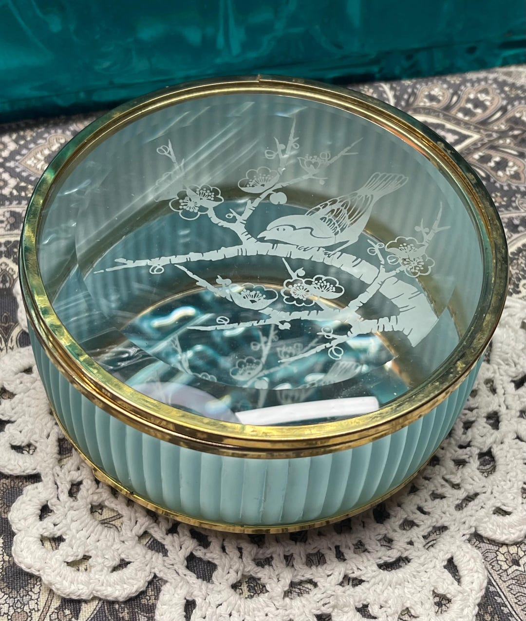 Vintage Glass and Metal Vanity Box - Birds and Branches on Lid - Aged ...