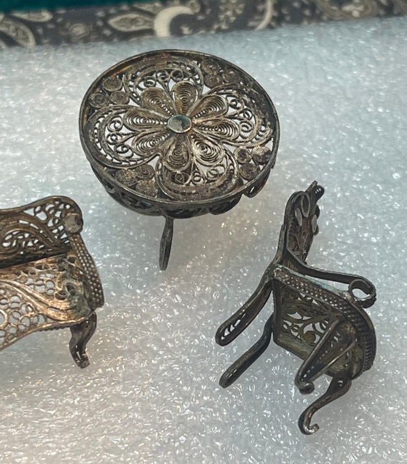 Antique Miniature Silver Filigree Furniture Dollhouse Decor 3 Pieces Bench Chair Table Aged Etsy Canada