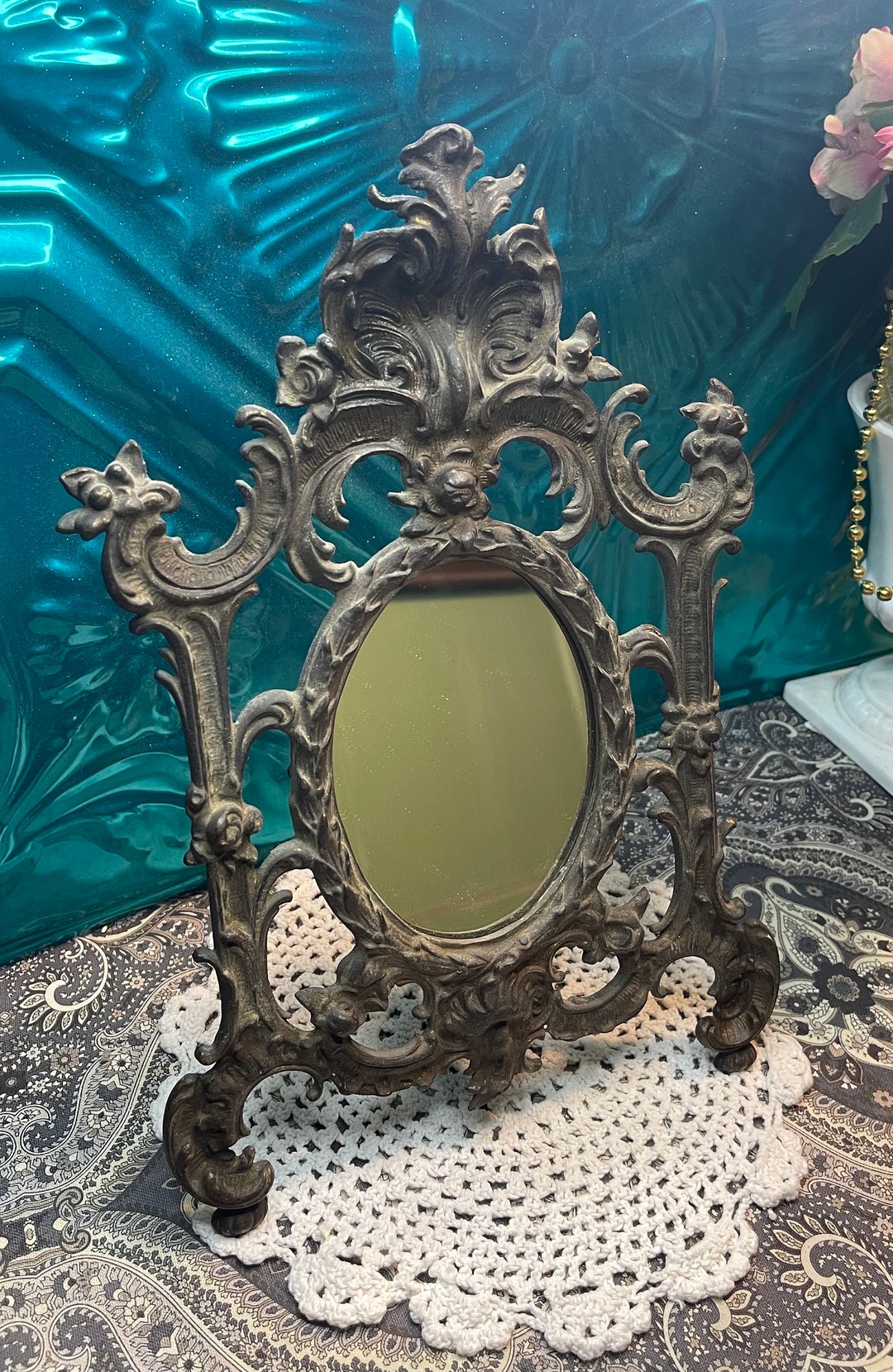 Antique Heavy Ornate Cast Iron Victorian Style Mirror or Frame With ...