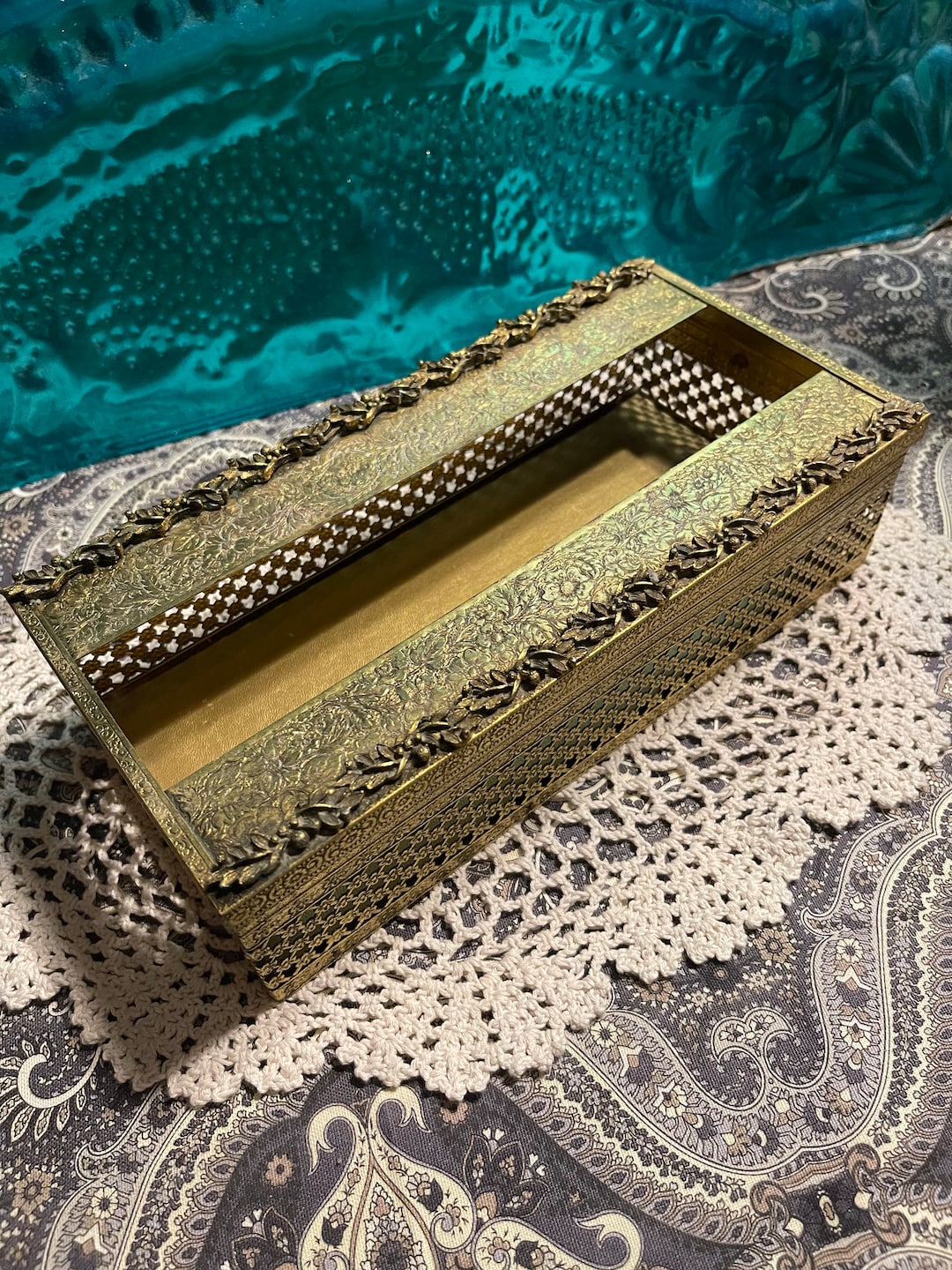 Vintage Gold Tone Metal Filigree Tissue Box Cover - Holder - Floral ...