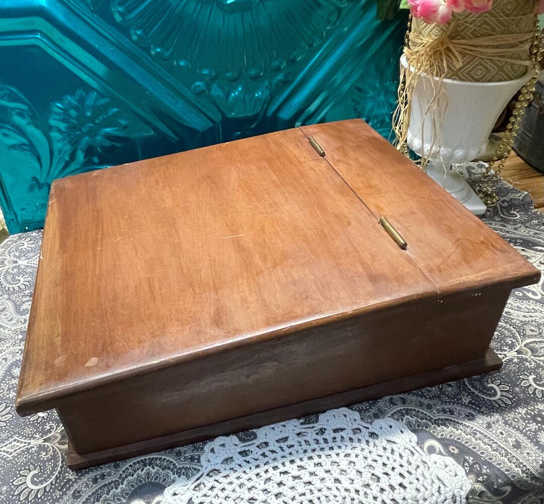 Vintage Heavy Hinged Wood Writing Box Slanted Wooden Box Desk Box Aged ...