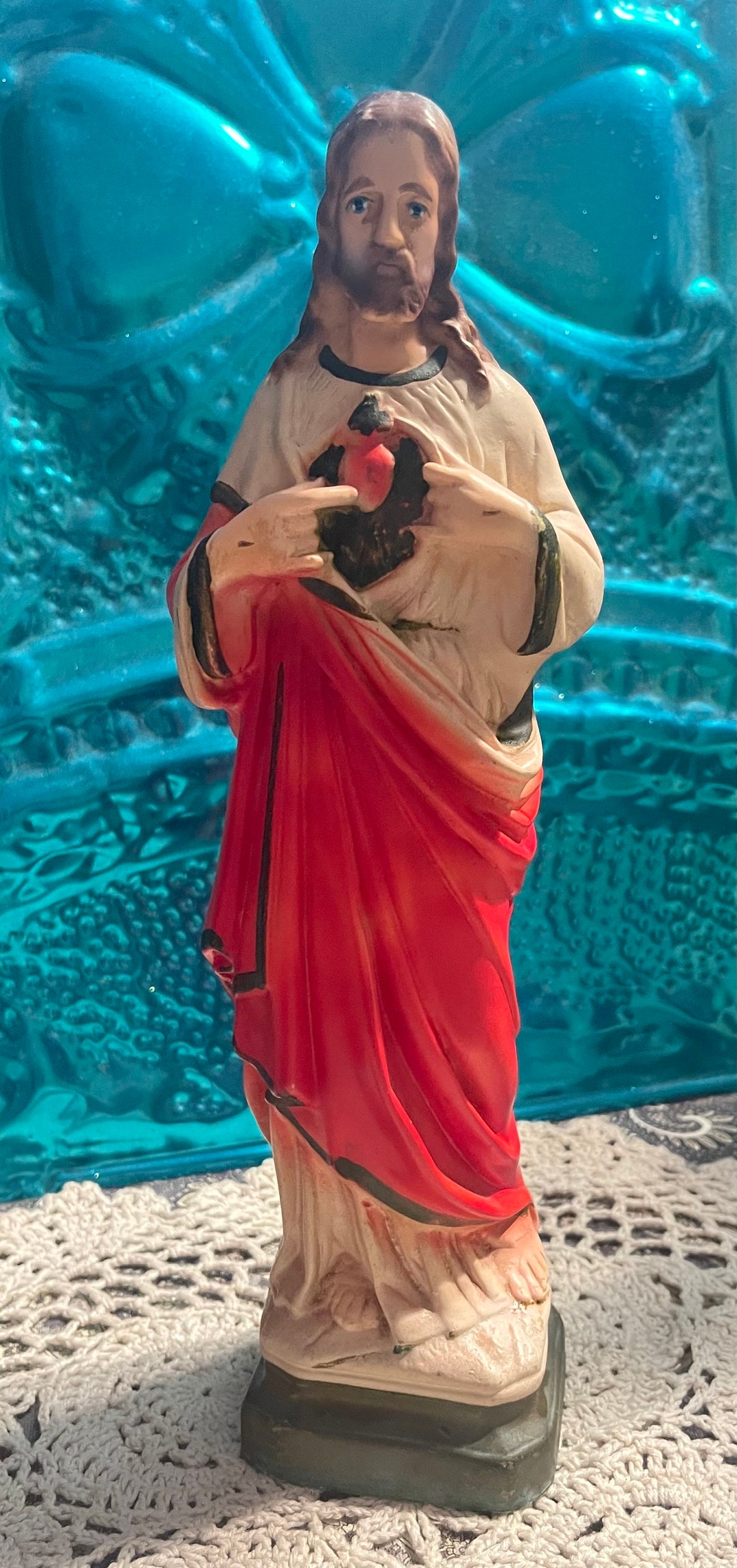 Vintage Plastic Jesus Sacred Heart Statue - Figurine- Aged - Etsy