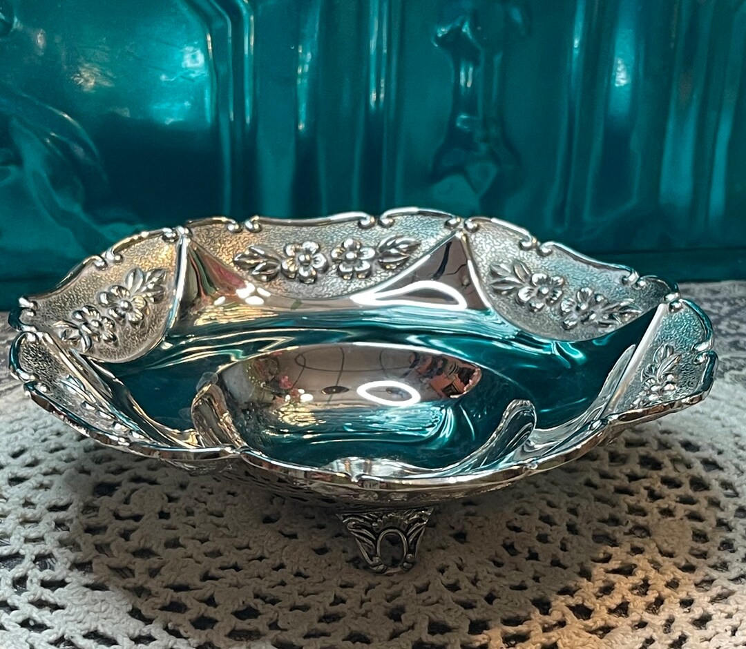 Vintage Small Silver Plated Shallow Dish With Ornate Rim and Ornate ...
