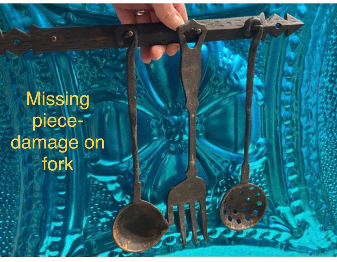 Vintage Cast Metal Hook Display With Utensils- Strainer- Ladle- Fork ...