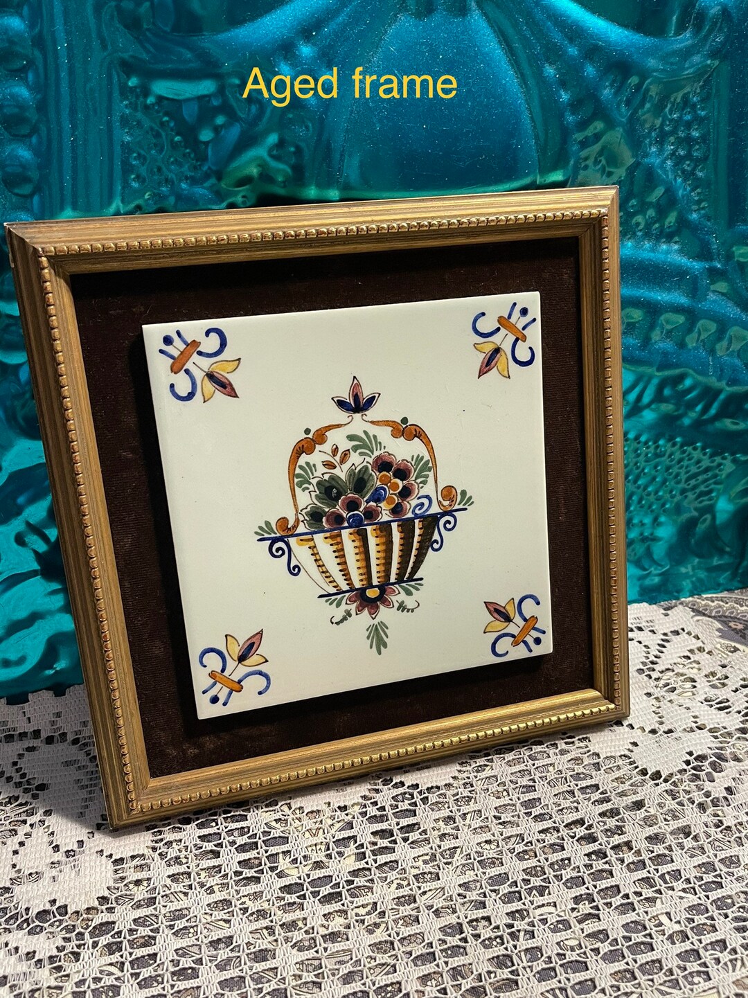 Vintage Framed Tile on Velvet - Aged Gilded Frame - Etsy