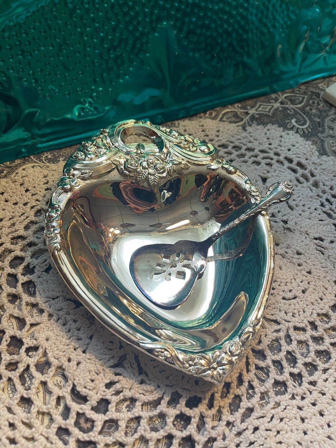Vintage Small Silver Plated Ornate Heart Shaped Dish With Ornate Spoon ...
