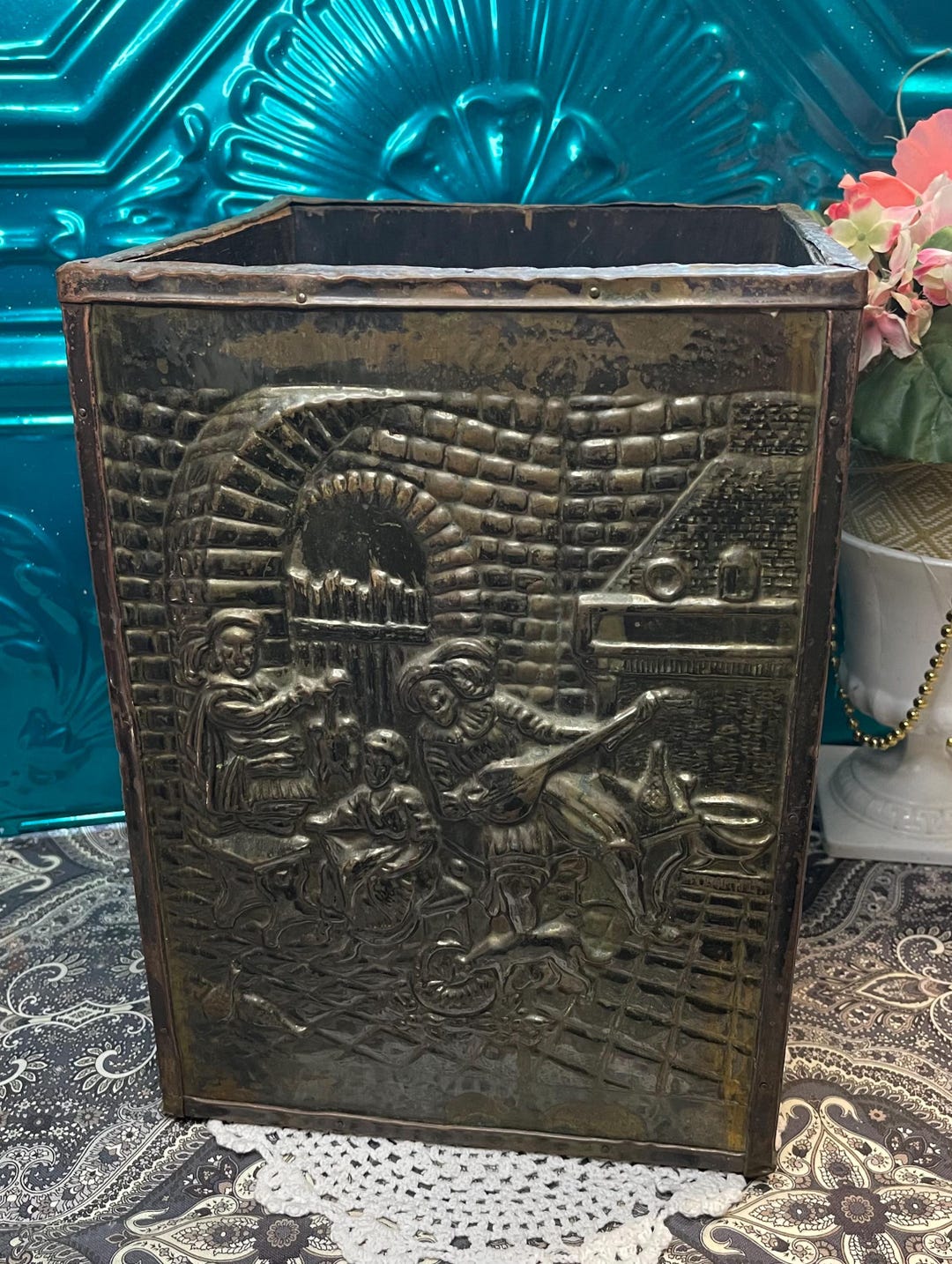 Vintage Brass Over Wood Waste Bin With Embossed Design- Clearly Showing ...