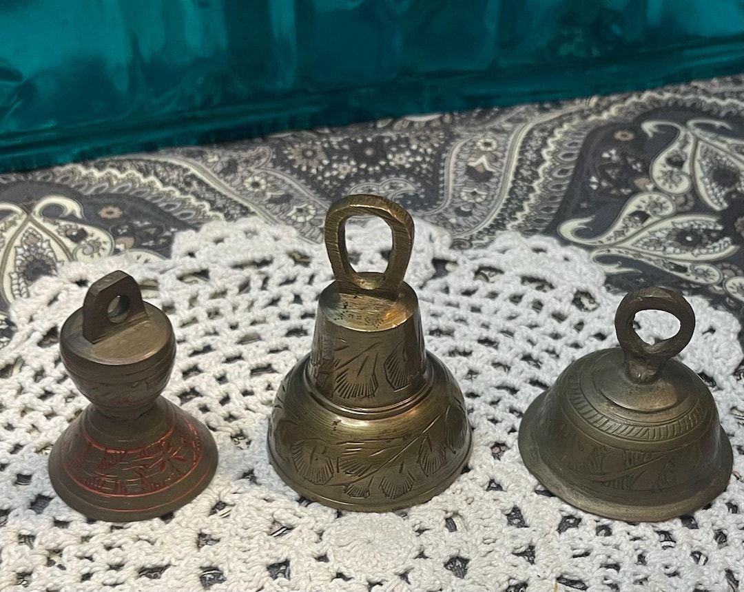Vintage Small Unique Etched Brass Bells - Set of 3 - Aged- Altar Bells ...