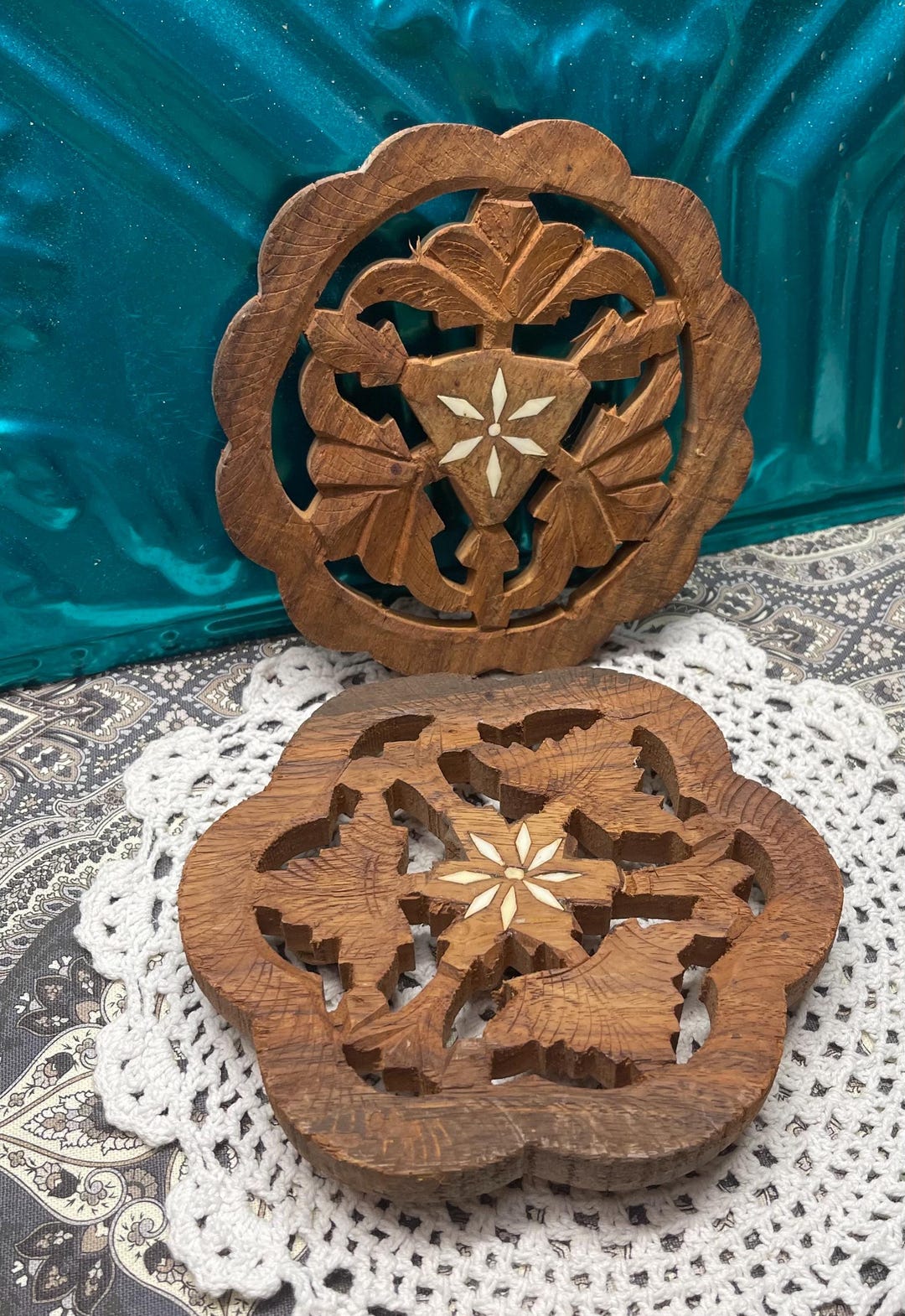 Vintage Small Carved Wood Trivets - Set of 2 - Etsy