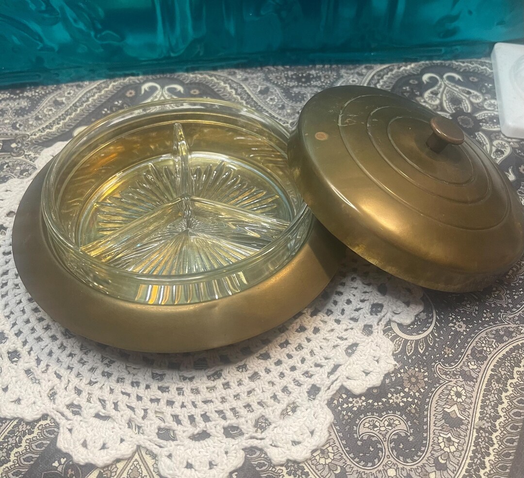 Vintage Lidded Brass Box- Container With Devided Glass Insert - Brass ...