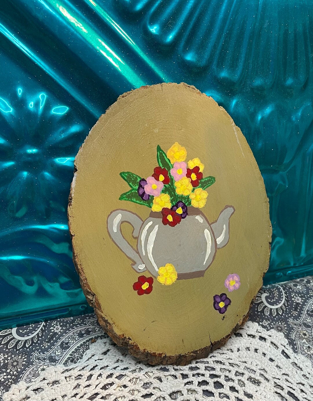 Vintage Small Wood Wall Plaque With Painted Teapot and Flowers- Aged - Etsy