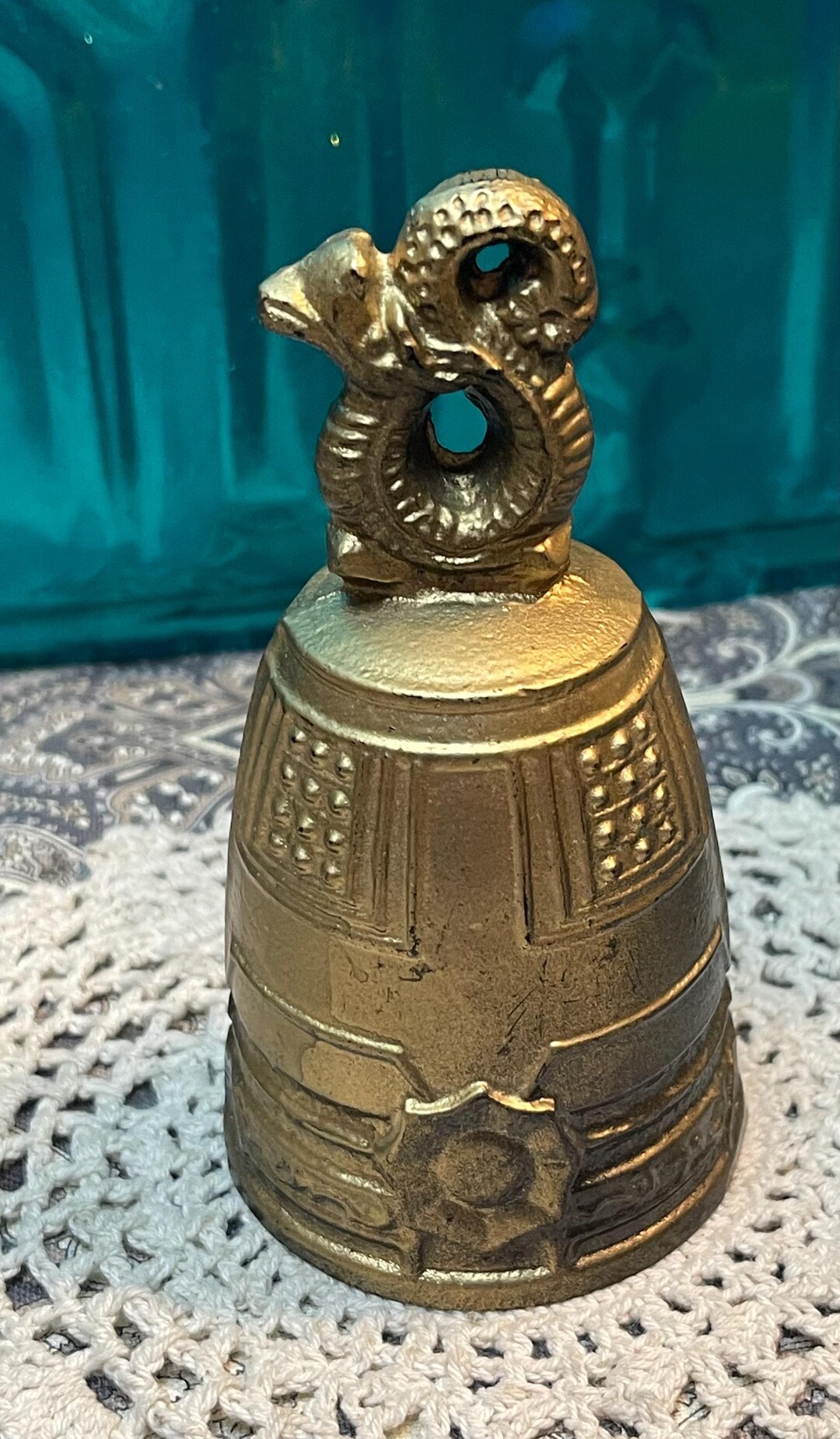 Vintage Small but Heavy Gold Painted Ceremonial Bell - Figural Details ...