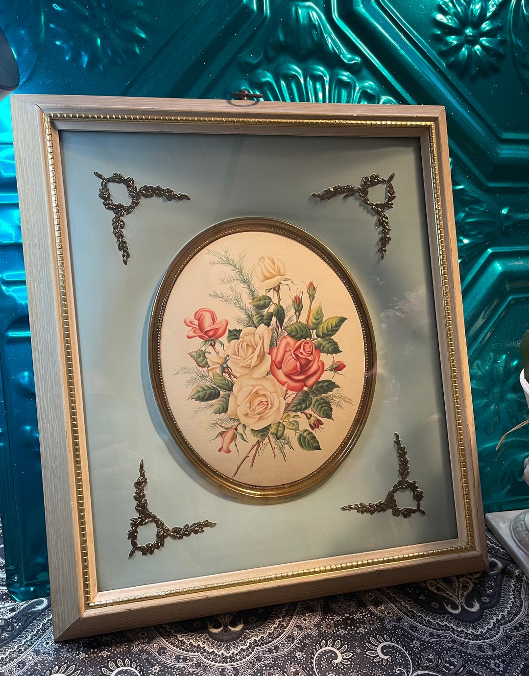 Vintage Shadow Box Style Framed Cameo Style Floral Picture- Aged Frame ...