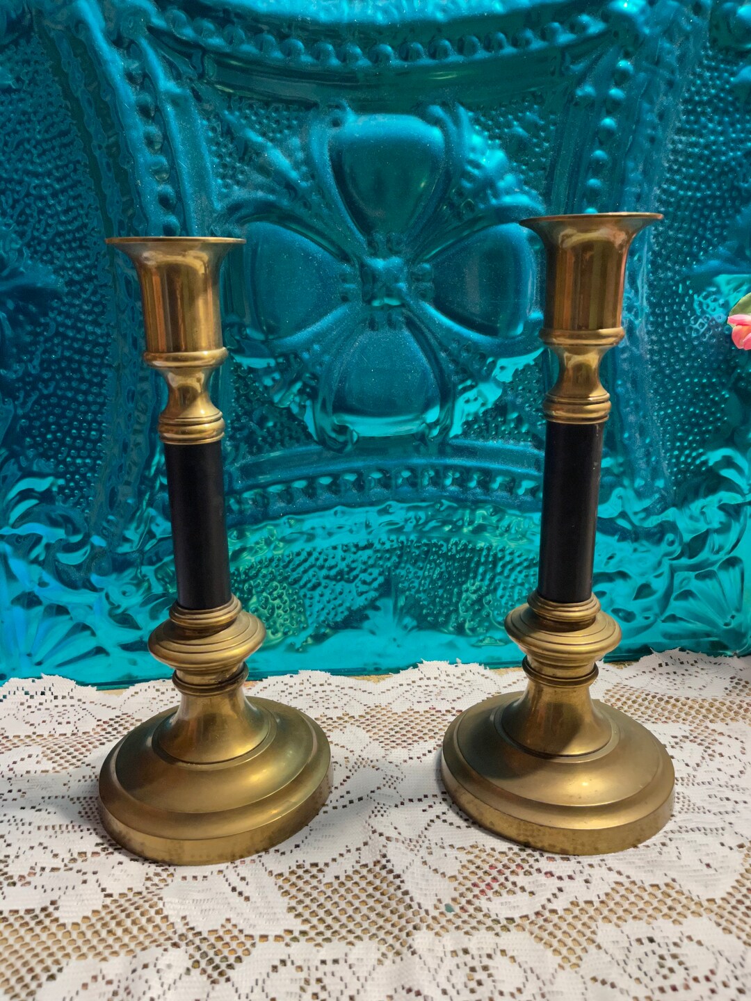 Vintage Large Heavy Brass and Black Metal Candlesticks - Set of 2 ...
