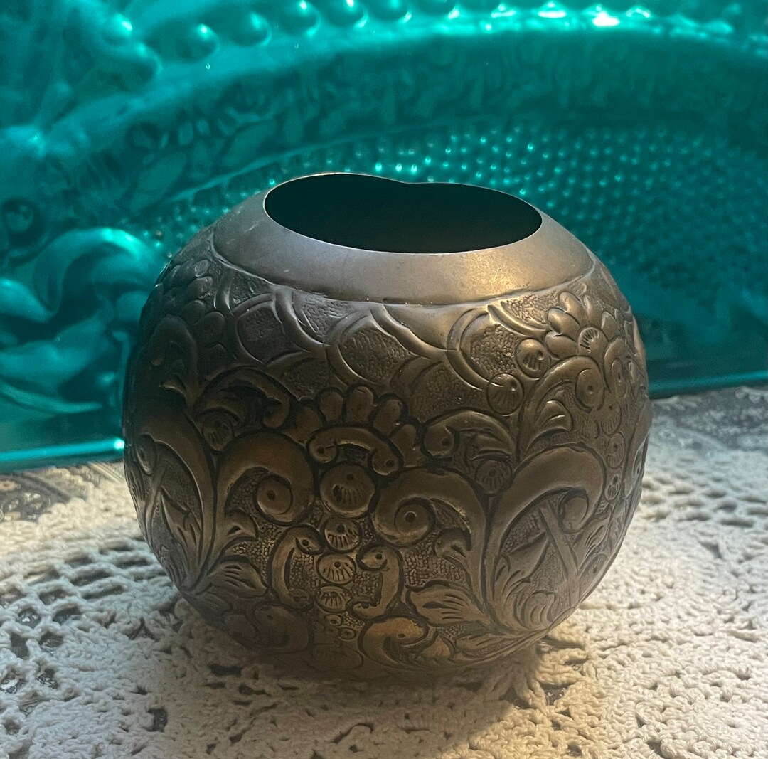 Vintage Small Round Embossed Brass Vase - Aged- Ding at Rim - Etsy