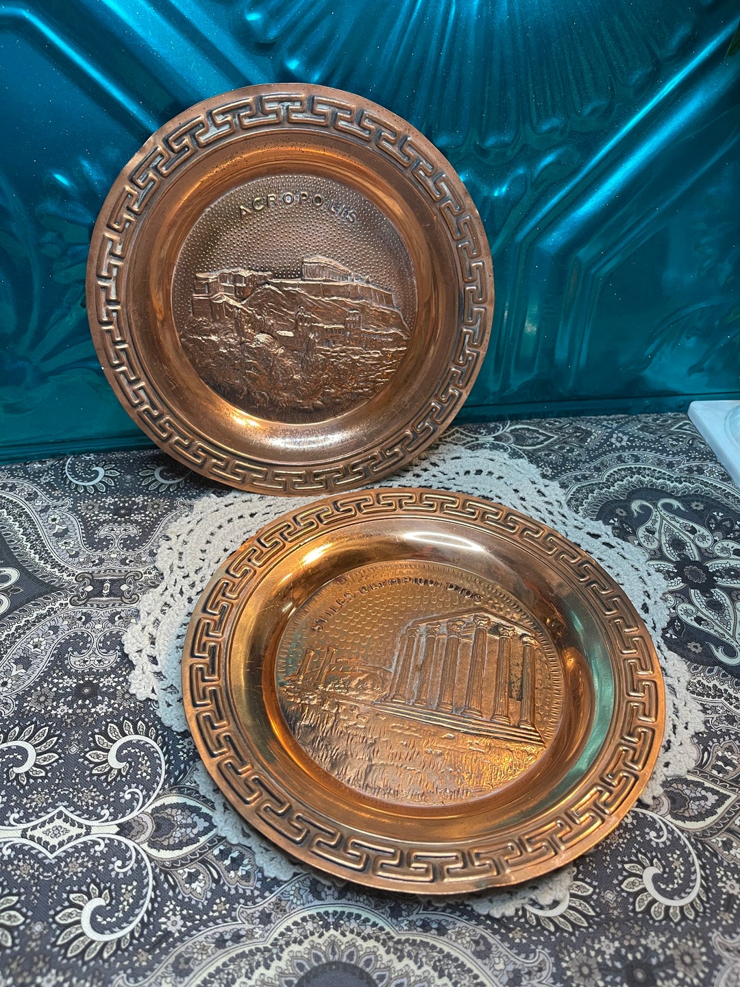 Vintage 8.5 Inches Diameter Greek Design Copper Plate Wall Decor- Set ...