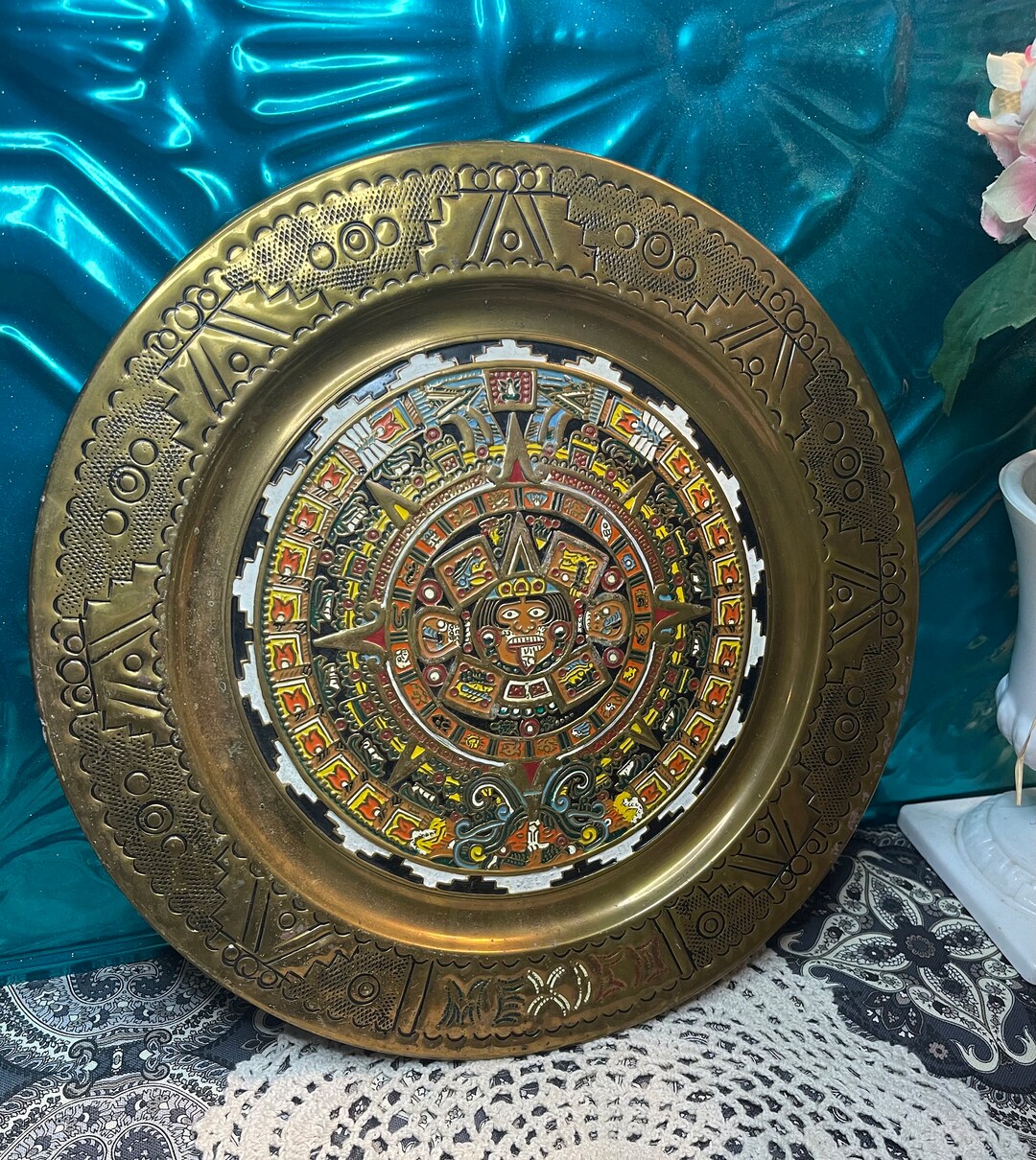 Vintage Enameled or Painted Brass Mayan Calendar Wall Plate 12 Inch ...