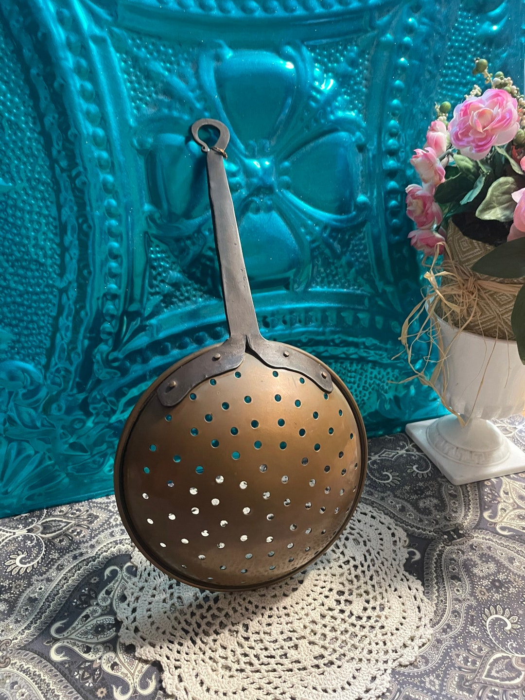 Vintage Large Copper Strainer- Skimmer- Colander With Iron Handle Wall ...