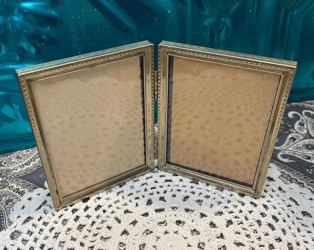 Vintage Small Metal Photo Frame Hinged Bi Fold Double Frame - Slide in ...