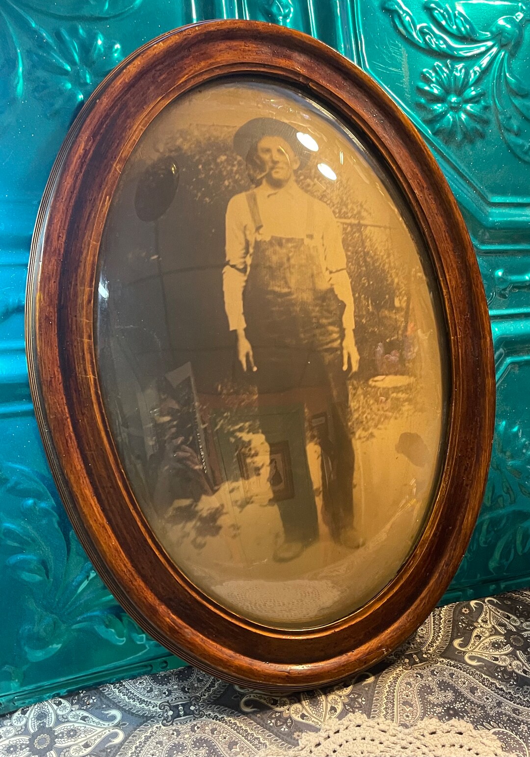 Antique Large Convex Bubble Glass Wood Frame With Farmer Photo Showing ...