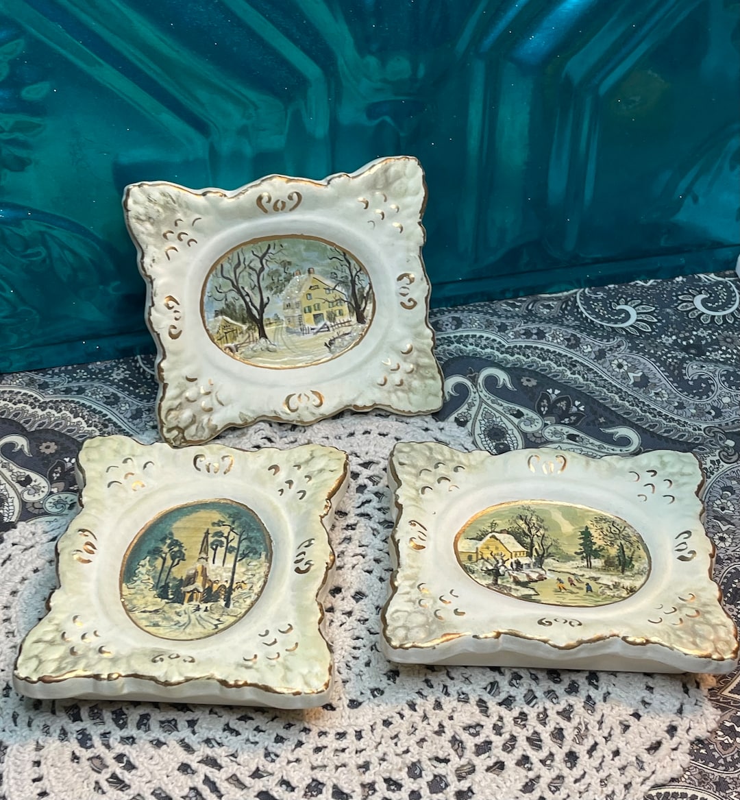 Vintage Small Paintings on Ceramic Wall Plaque - Set of 3- Winter ...