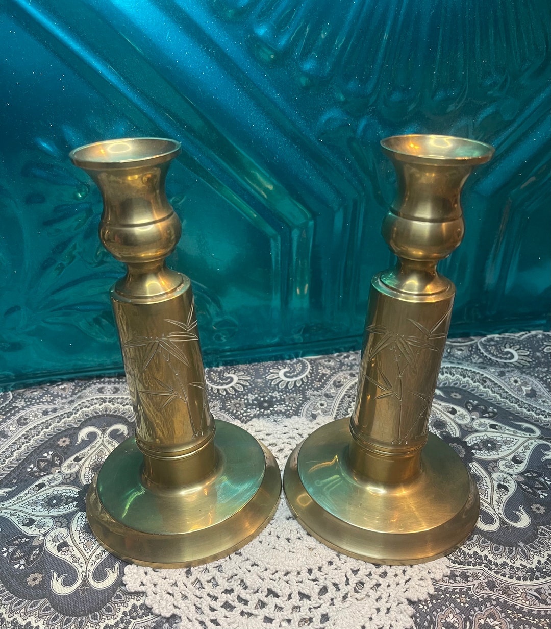 Vintage Brass Candlesticks With Etched Bamboo Design Set of 2 - Etsy