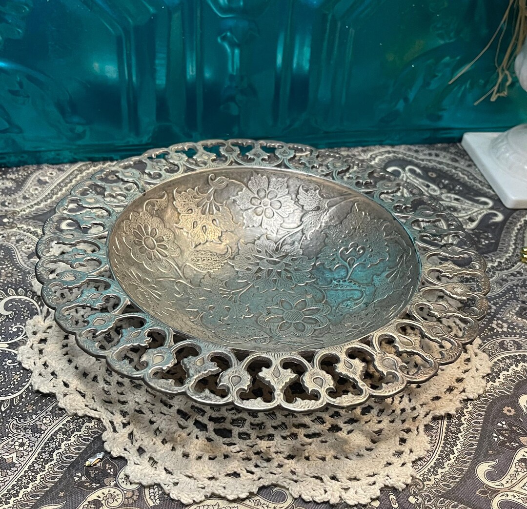 Vintage Ornate Rim Silver Tone Metal Bowl - Dish- Floral Design - Etsy