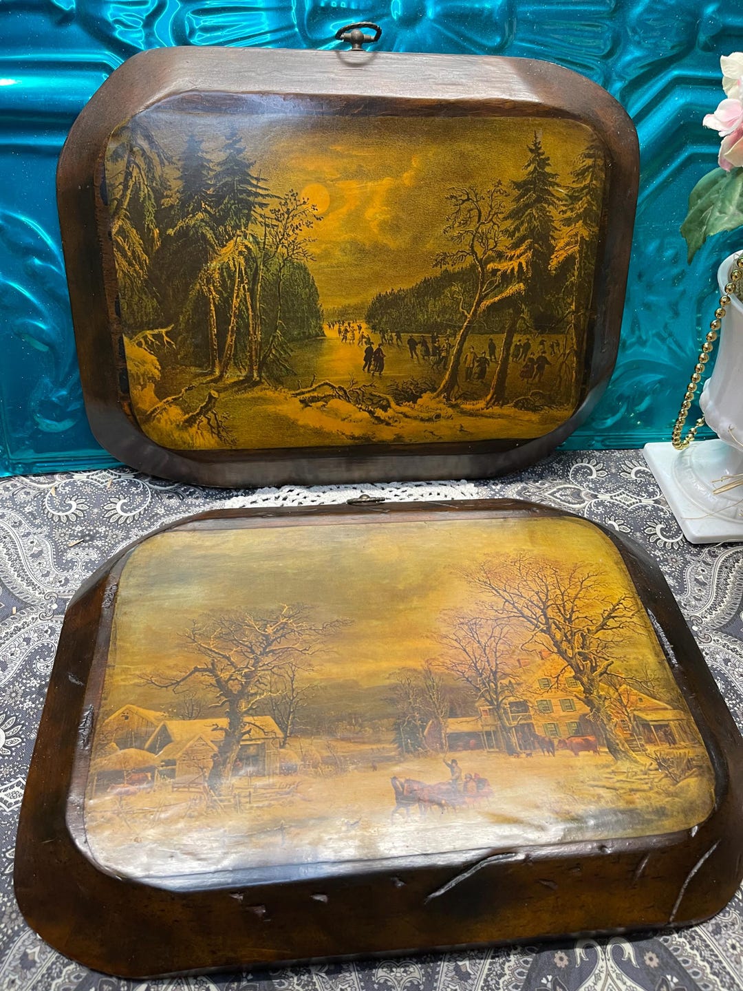 Vintage Large Rustic Wood Wall Plaques With Coated Prints - Ice Skating ...
