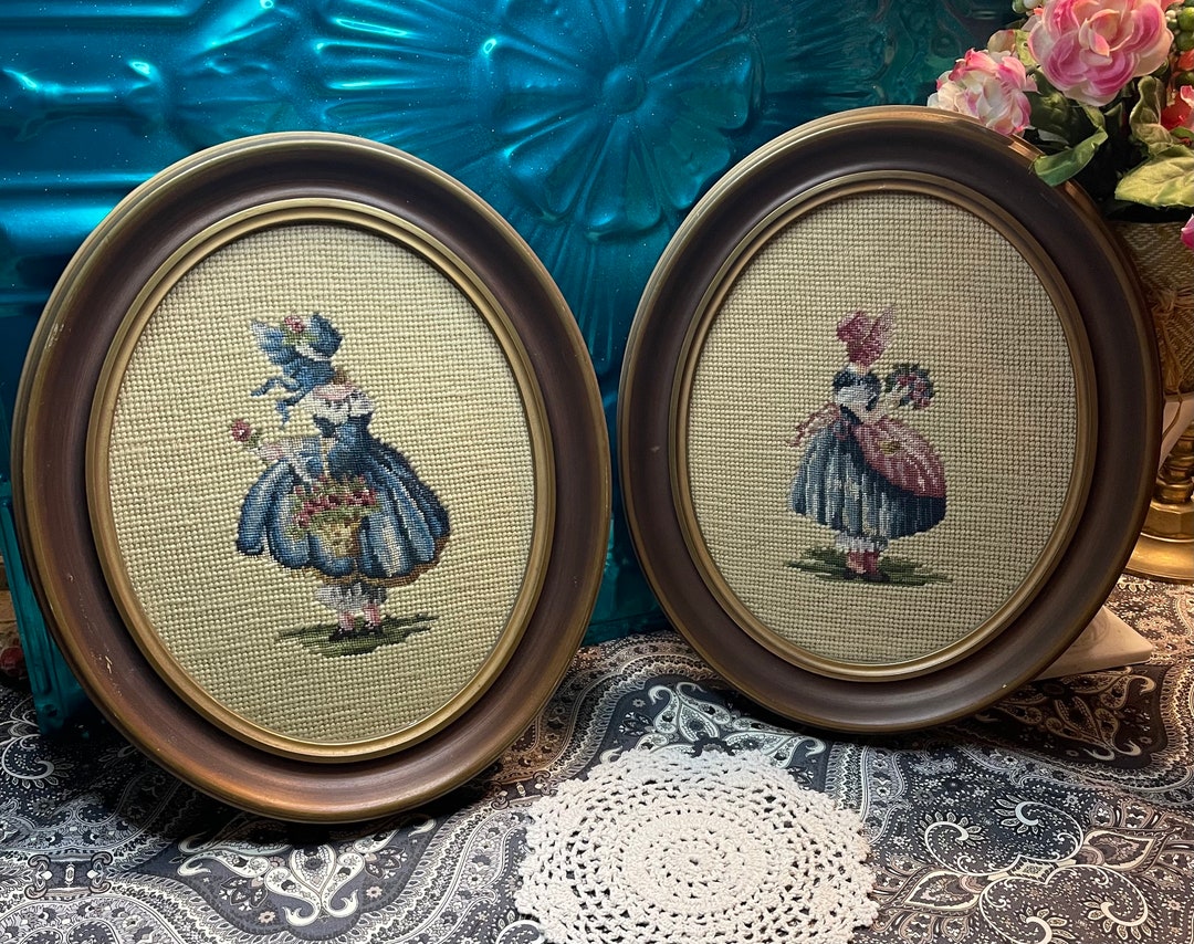 Vintage Framed Petit Point - Needlepoint Victorian Style Ladies Girls ...
