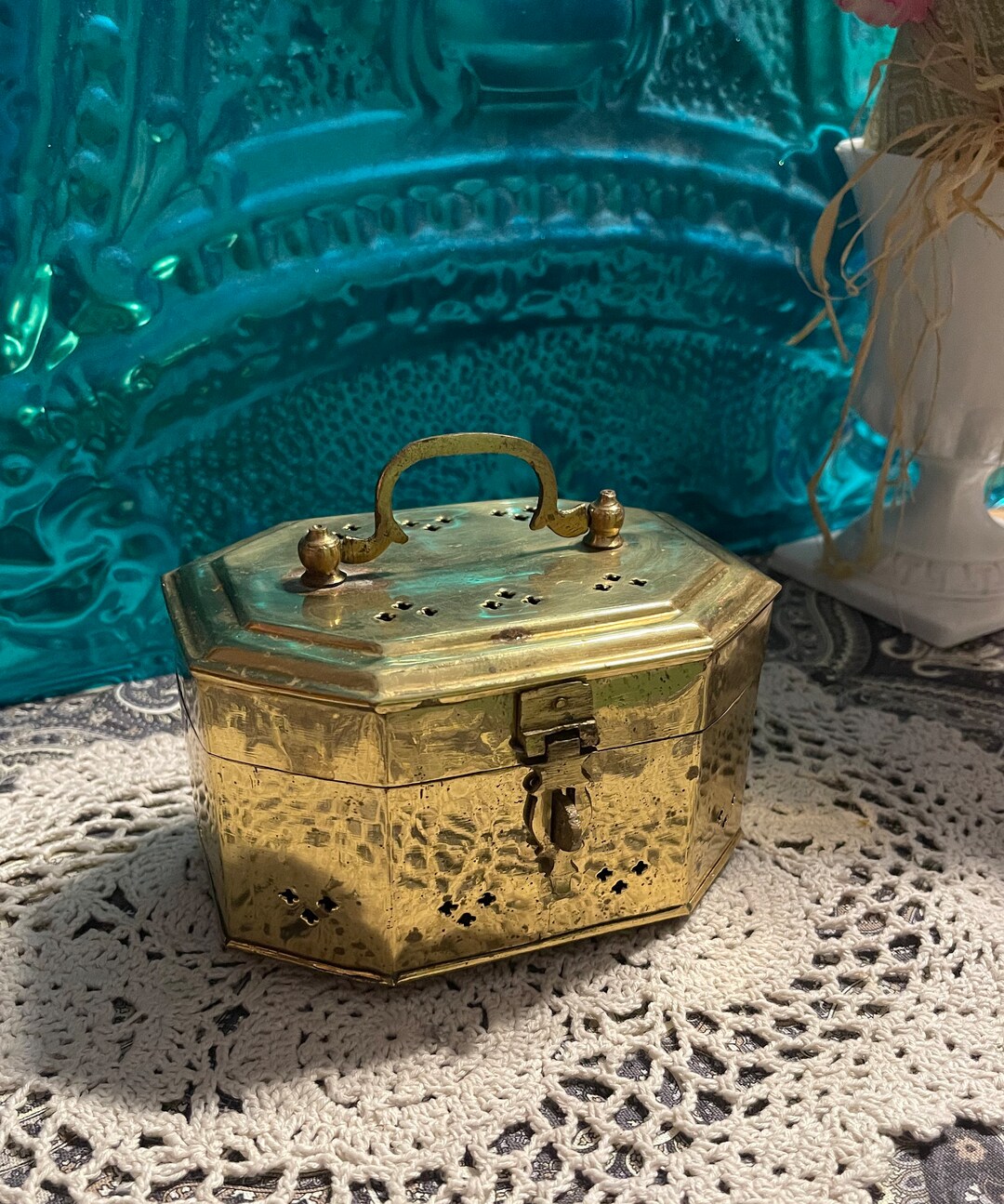 Vintage Hinged Lid Perforated Brass Box - Trinket Box - Keepsake Box ...