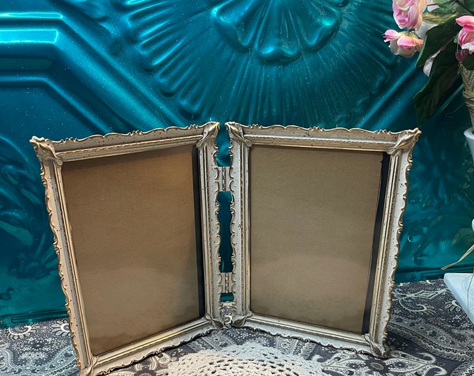 Vintage Ornate Metal Hinged Double Photo Frame- Hangers on Back- Aged ...