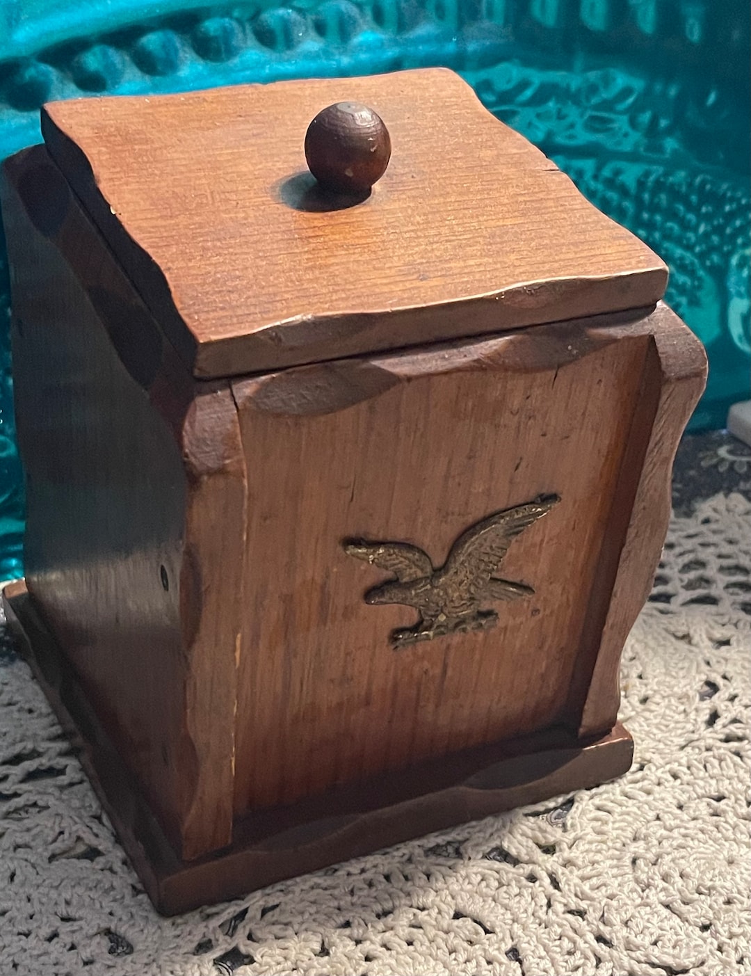 Vintage Small Rustic Slanted Wood Box - Metal Eagle Detail - Plastic ...