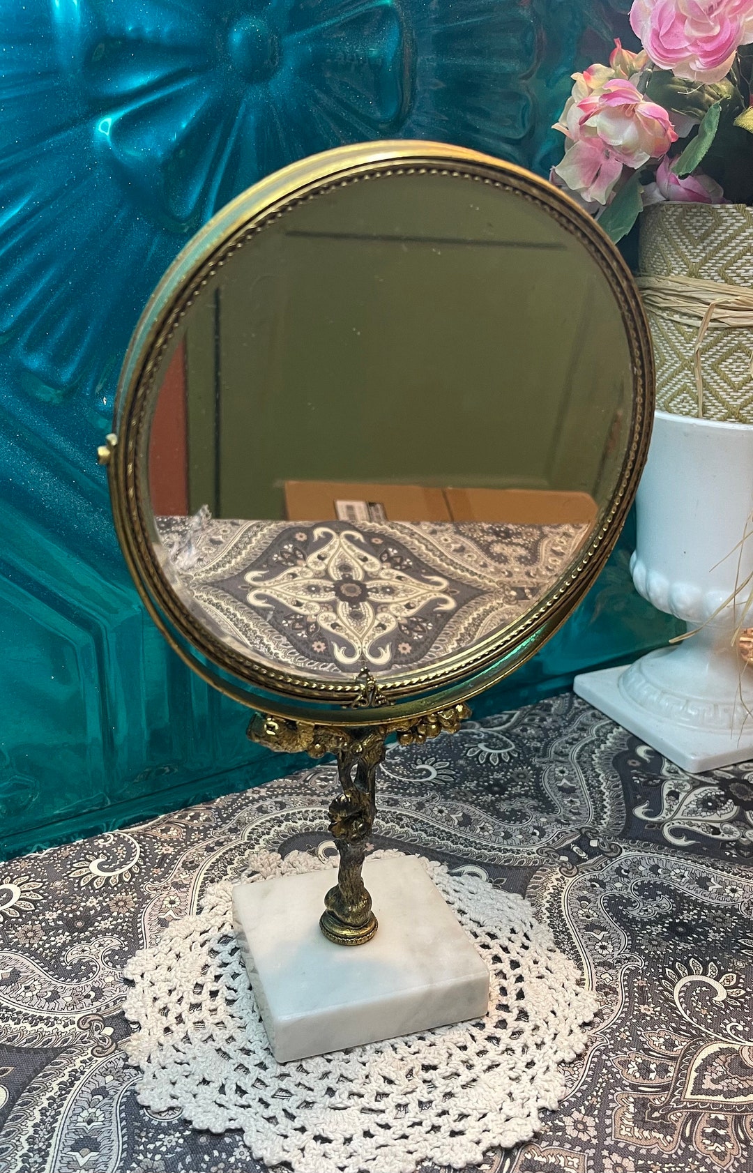 Vintage Ornate 2 Sided Standing Vanity Mirror on Marble or Stone Base ...