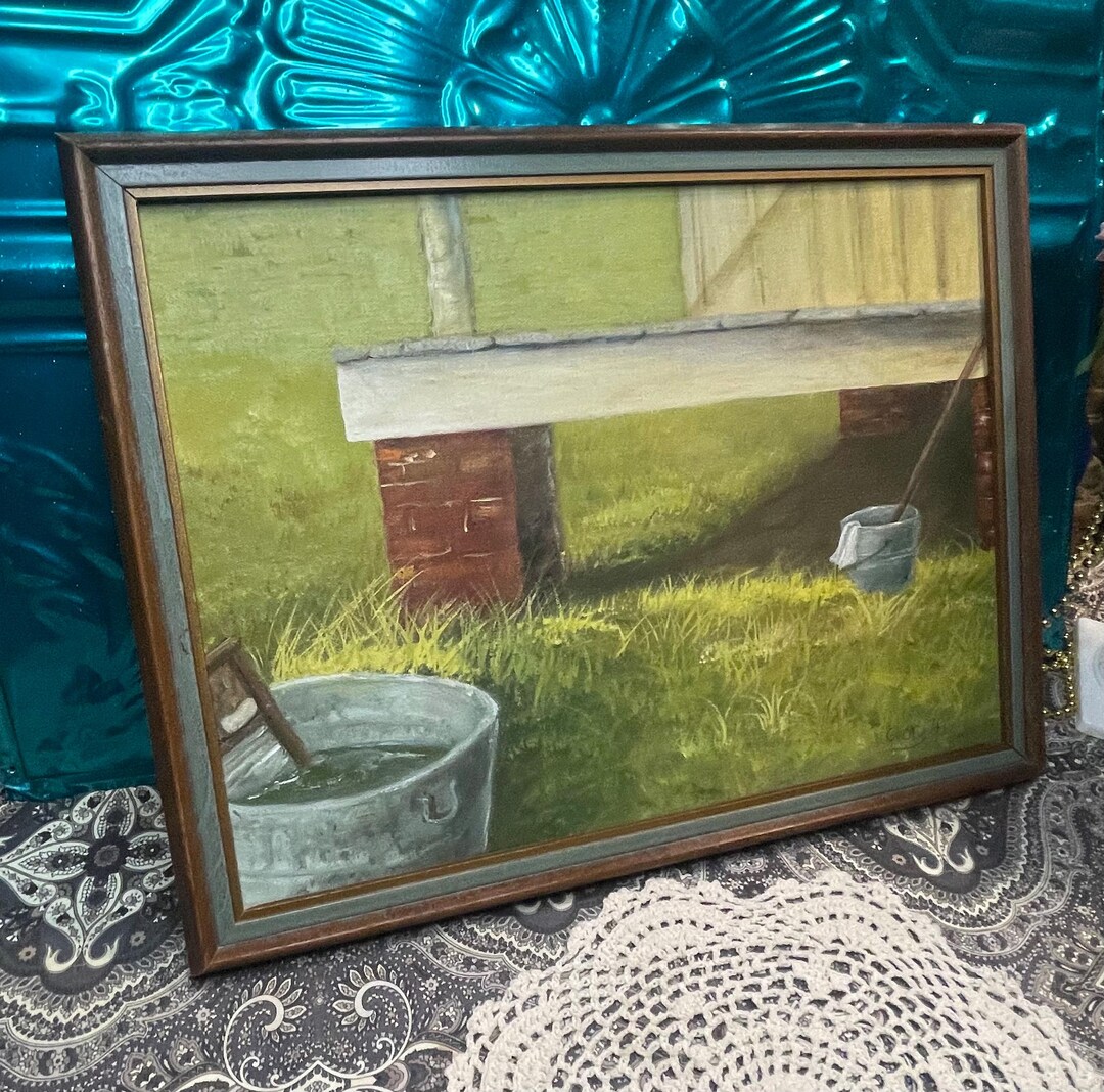 Vintage Original Wood Framed Painting on Canvas- Farm Scene- Farm Porch ...