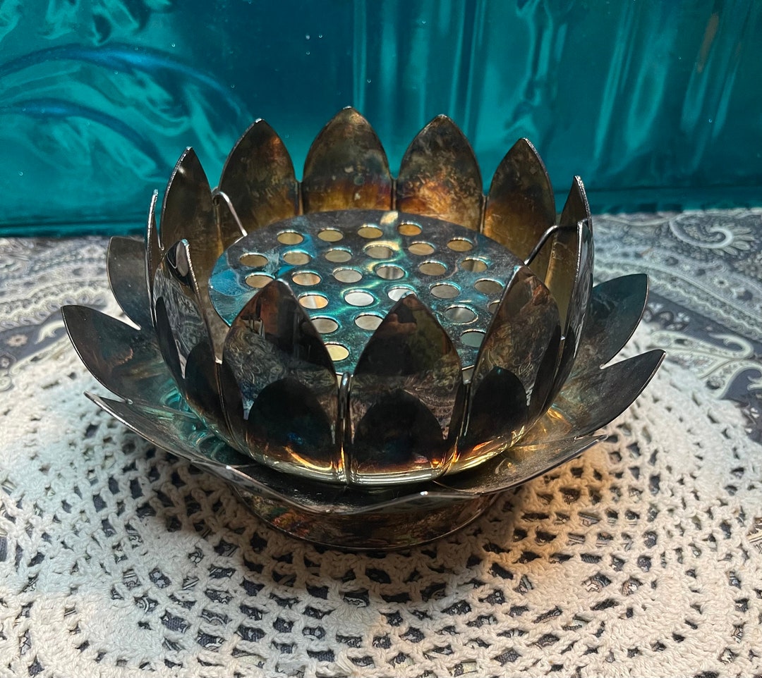 Vintage Silver Plated Lotus Bowl With Flower Insert 3 Pieces Aged - Etsy