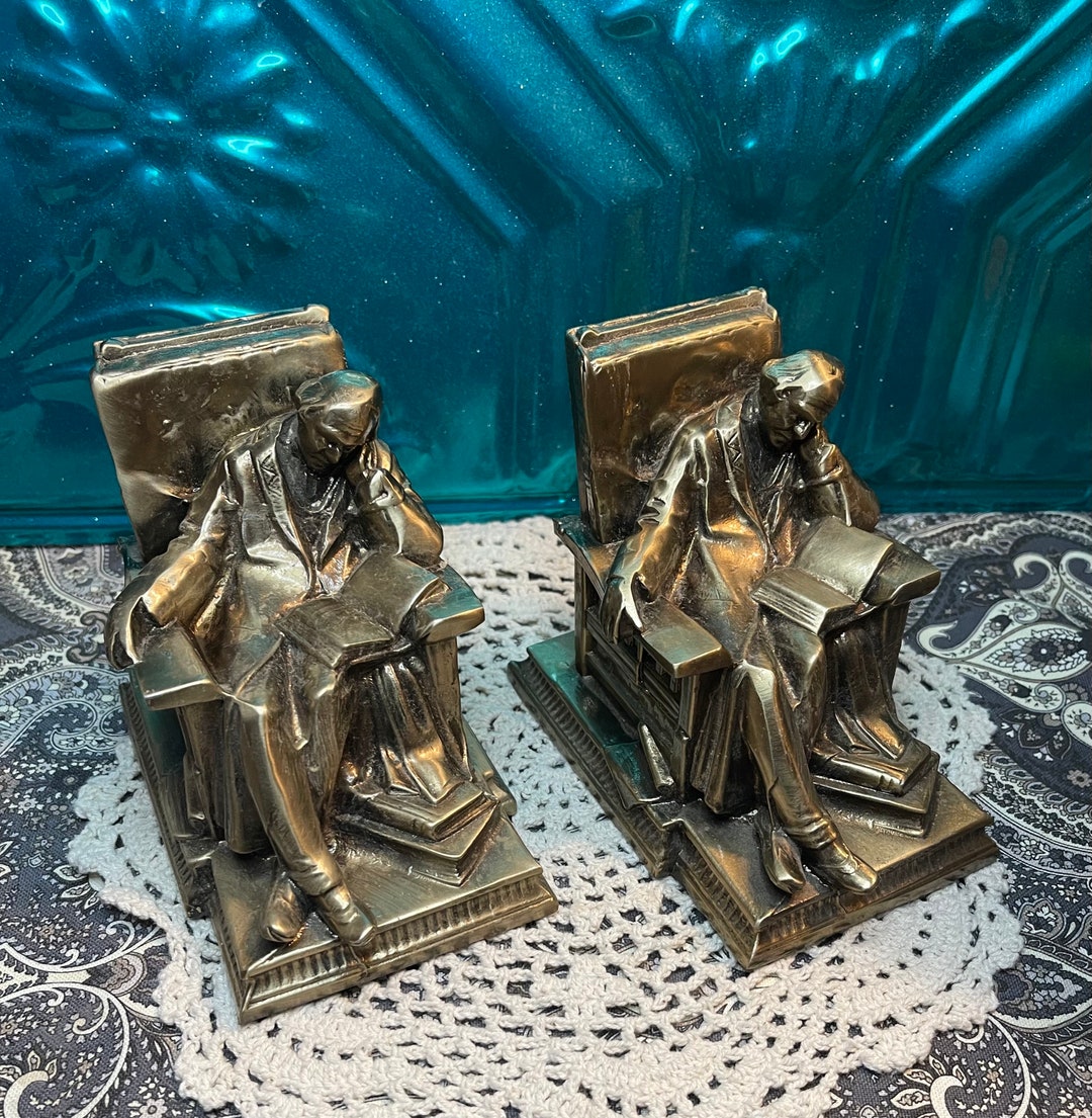 Vintage Heavy Cast Metal Brass Finish Bookends- Sleeping Man- Reading ...