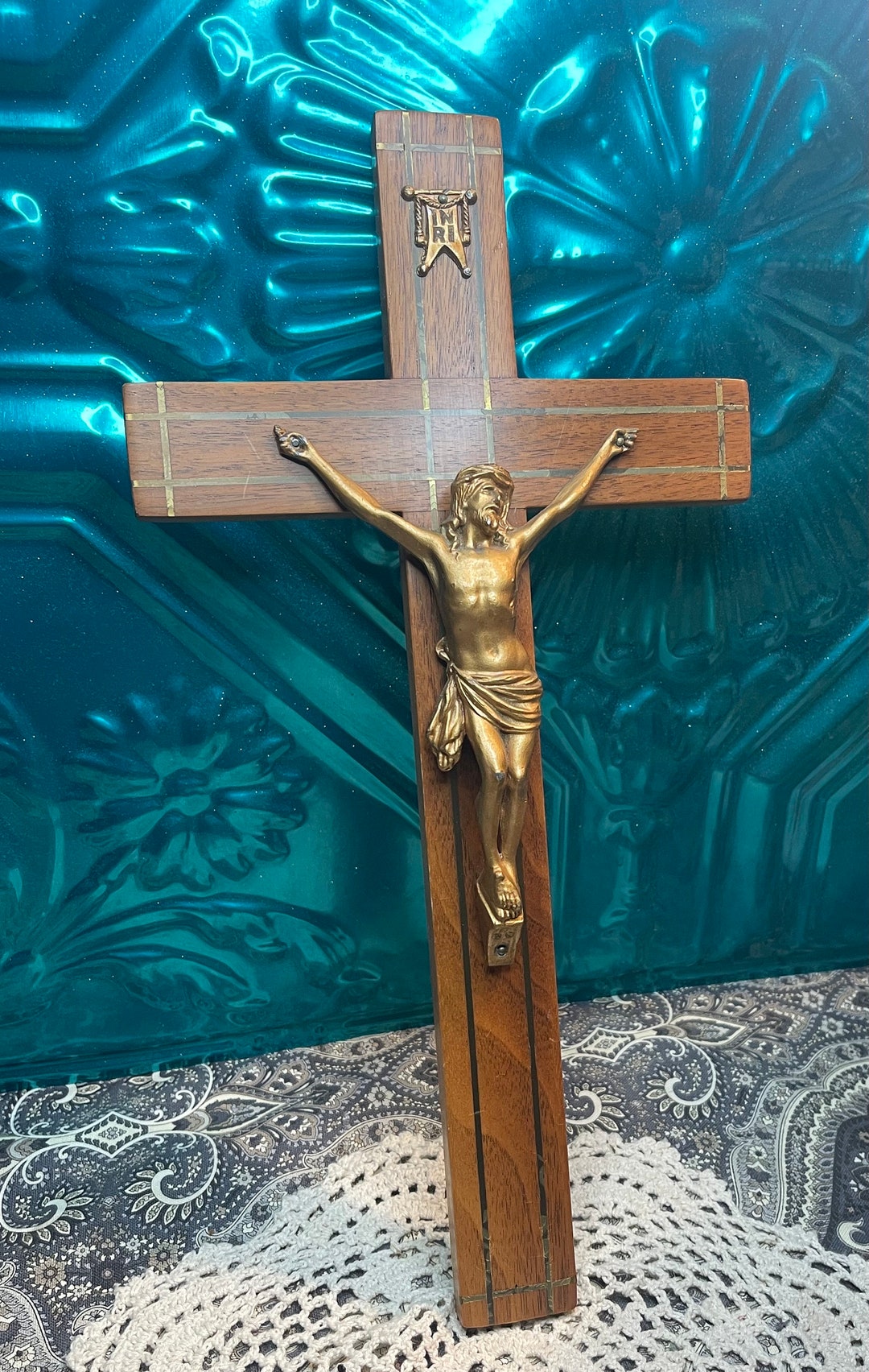 Vintage 15 Inch Wood Brass Inlay Crucifix Metal Jesus Aged - Etsy