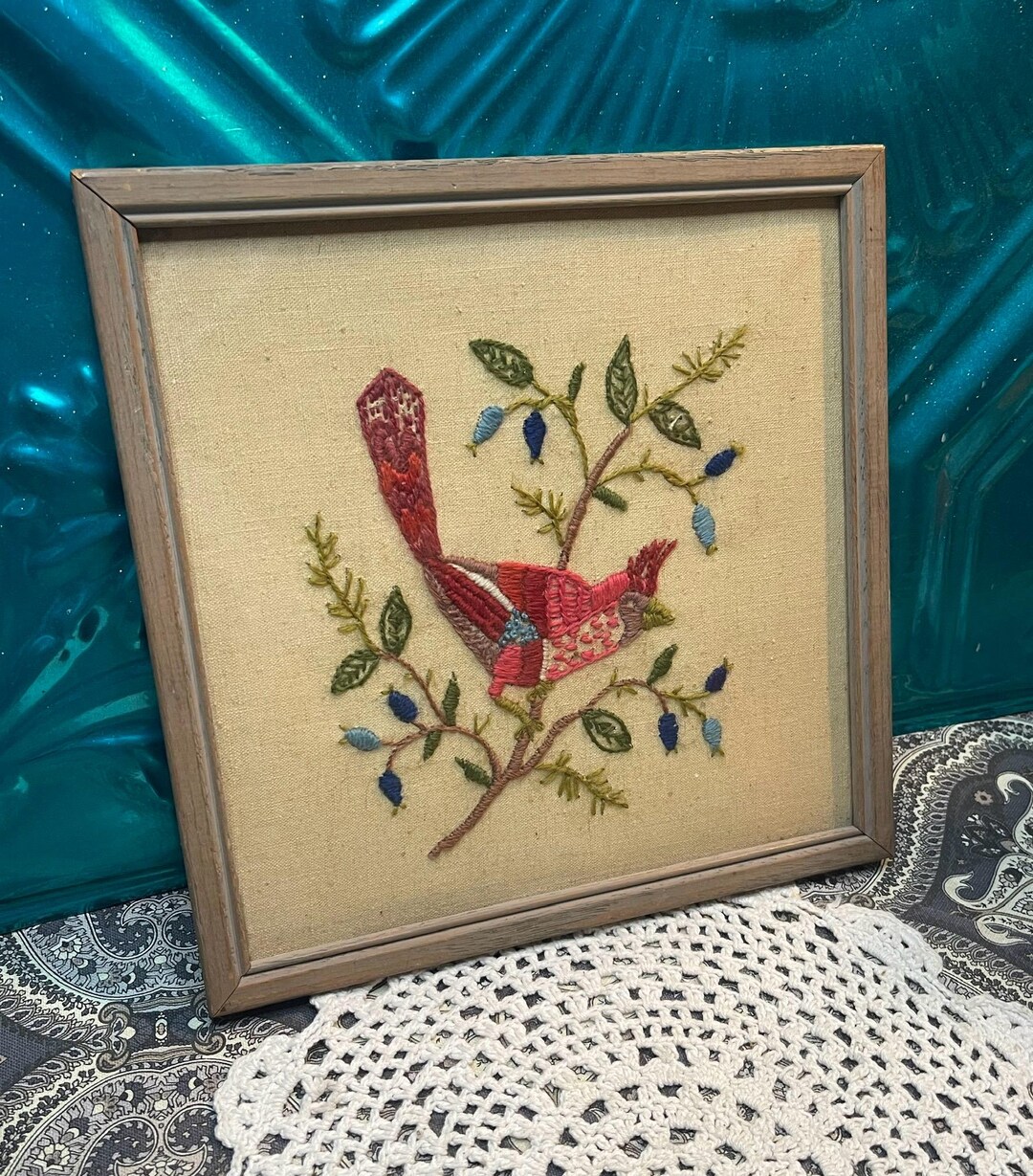 Vintage Wood Framed Crewel Embroidery Bird- Under Glass- Aged - Etsy