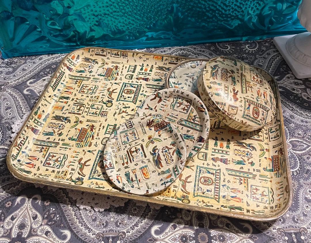 Vintage Coated Paper Mache Tray and Box With 8 Coasters - Egyptian ...