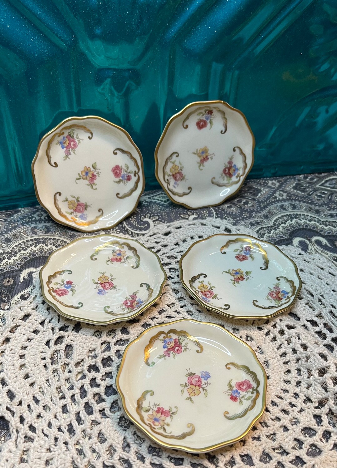 Vintage Small- Mini Porcelain Plates Gilded- Floral Design- Set of 5 ...