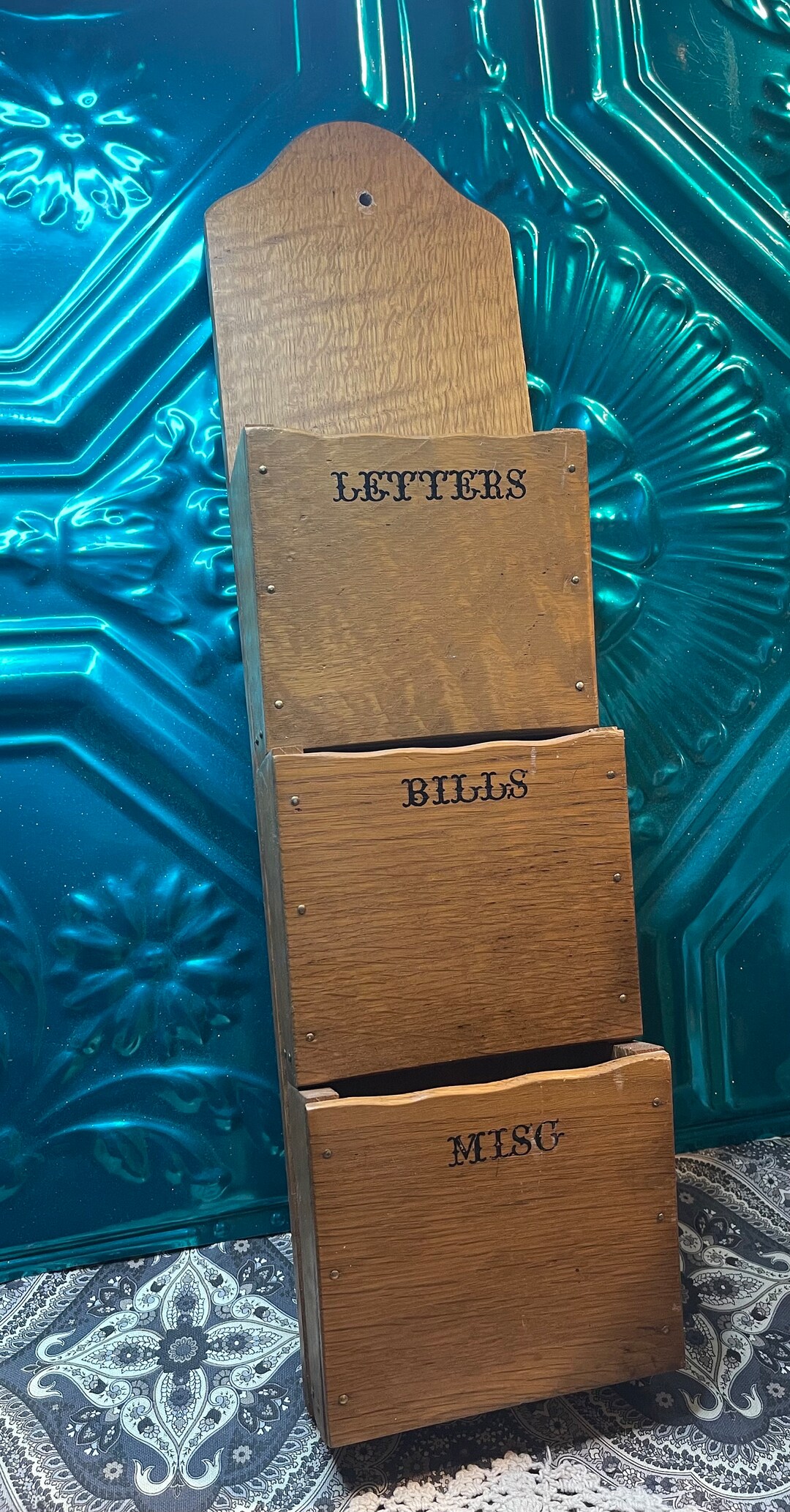 Vintage Heavy Wood 2.11 Lbs Wall Mail Station Letter Storage Bill ...