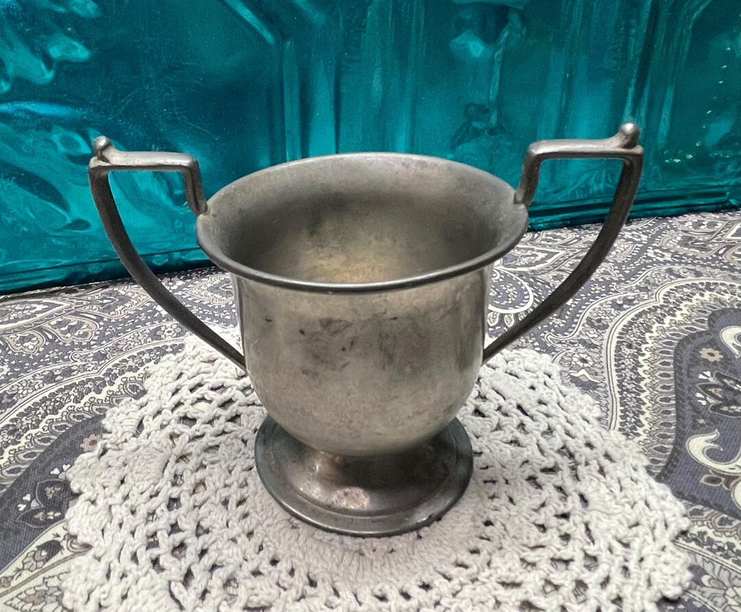 Vintage Small Pewter Trophy Style Cup With Double Handle - Aged- Wear ...