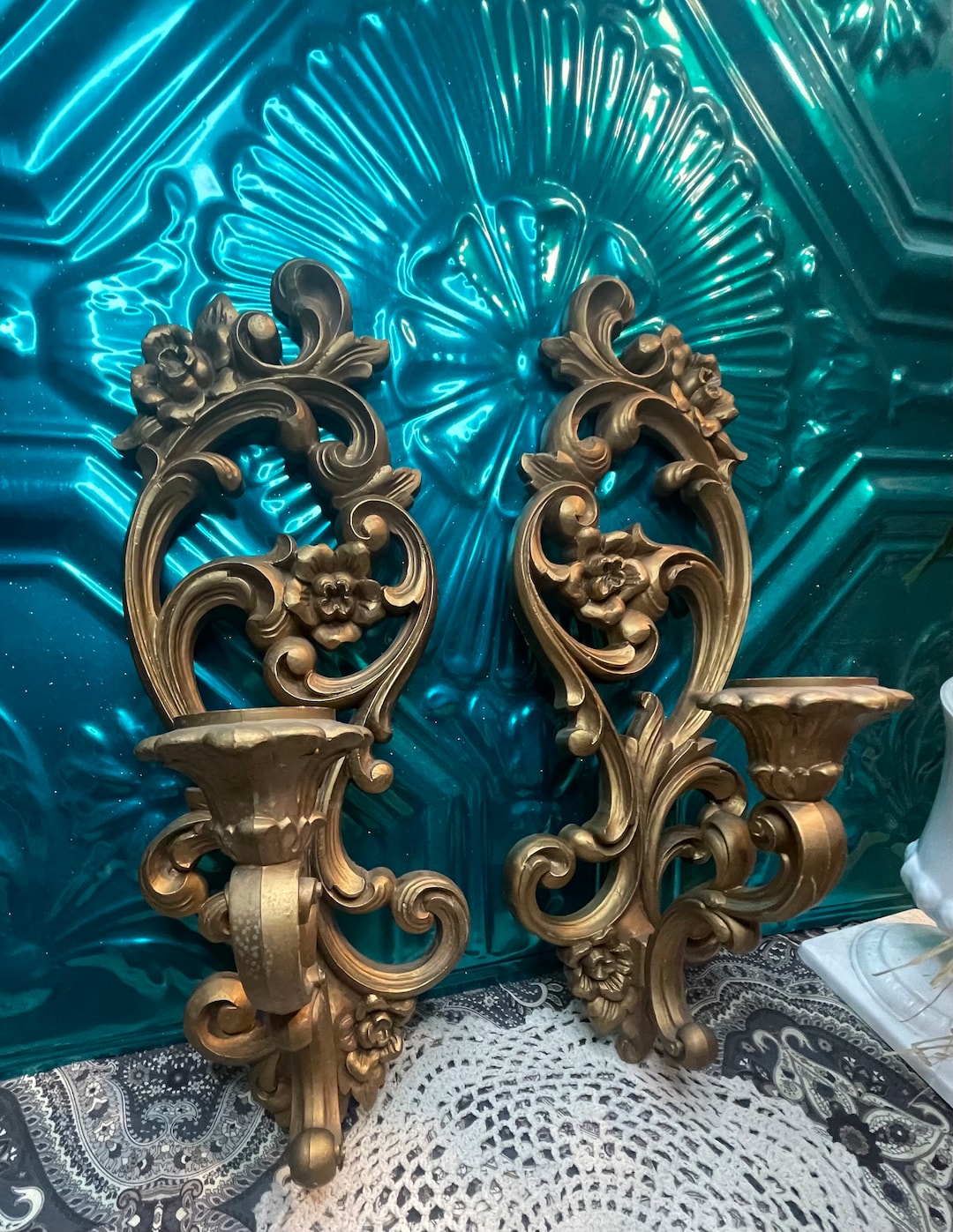Vintage Ornate Gold Plastic Wall Sconces- Set of 2- Aged Paint - Etsy