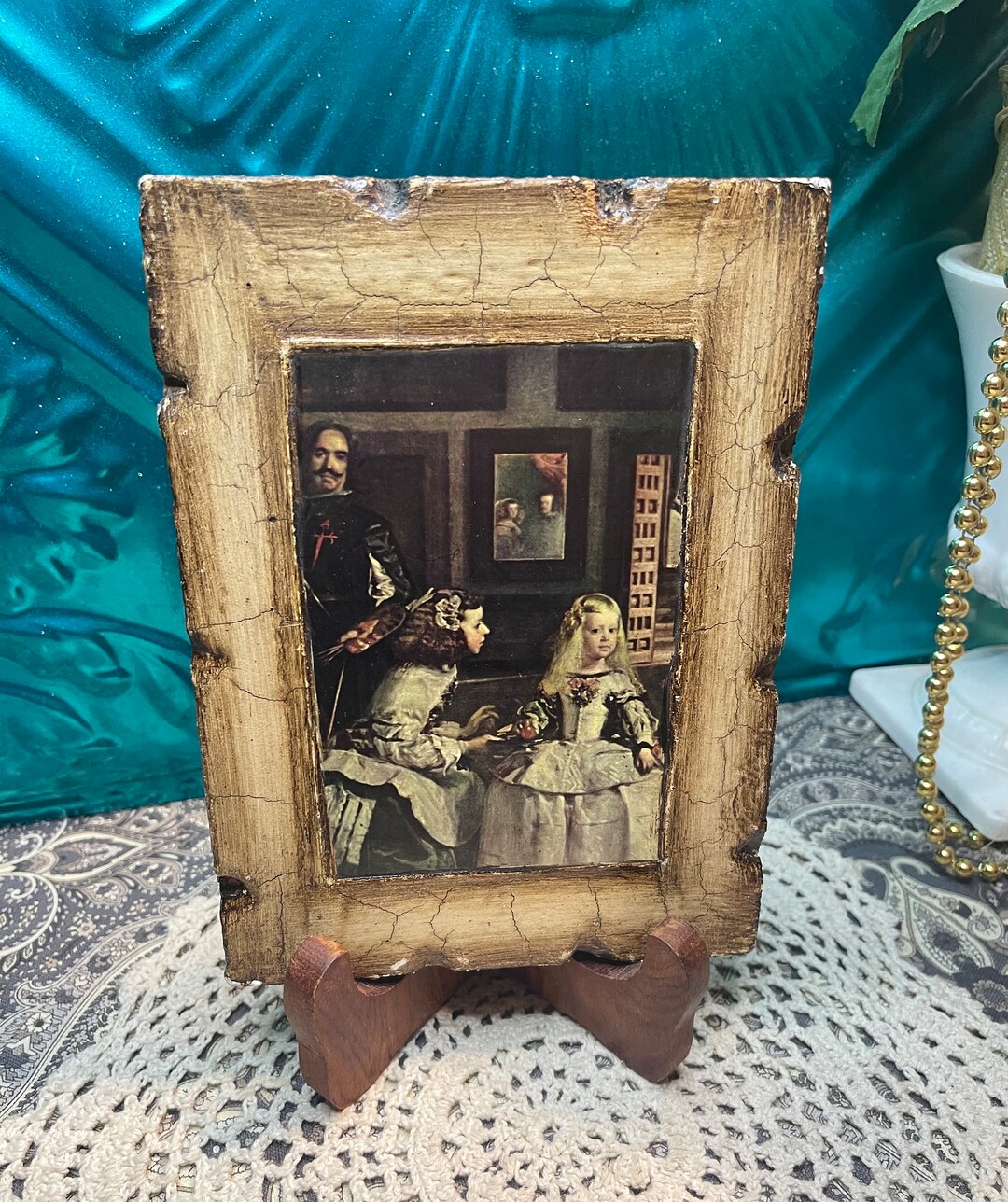 Vintage Plaque With Baroque Style Reproduction Print on Wood Easel - Etsy