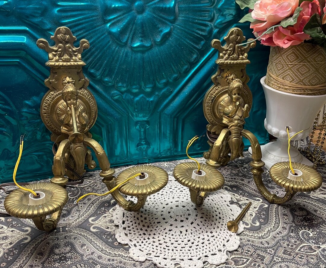 Antique Set of 2 Heavy French Brass Electric Wall Sconces - Figural ...