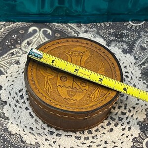 Vintage Small Round Leather- or Leather Look Box With Crest- Fleur De ...