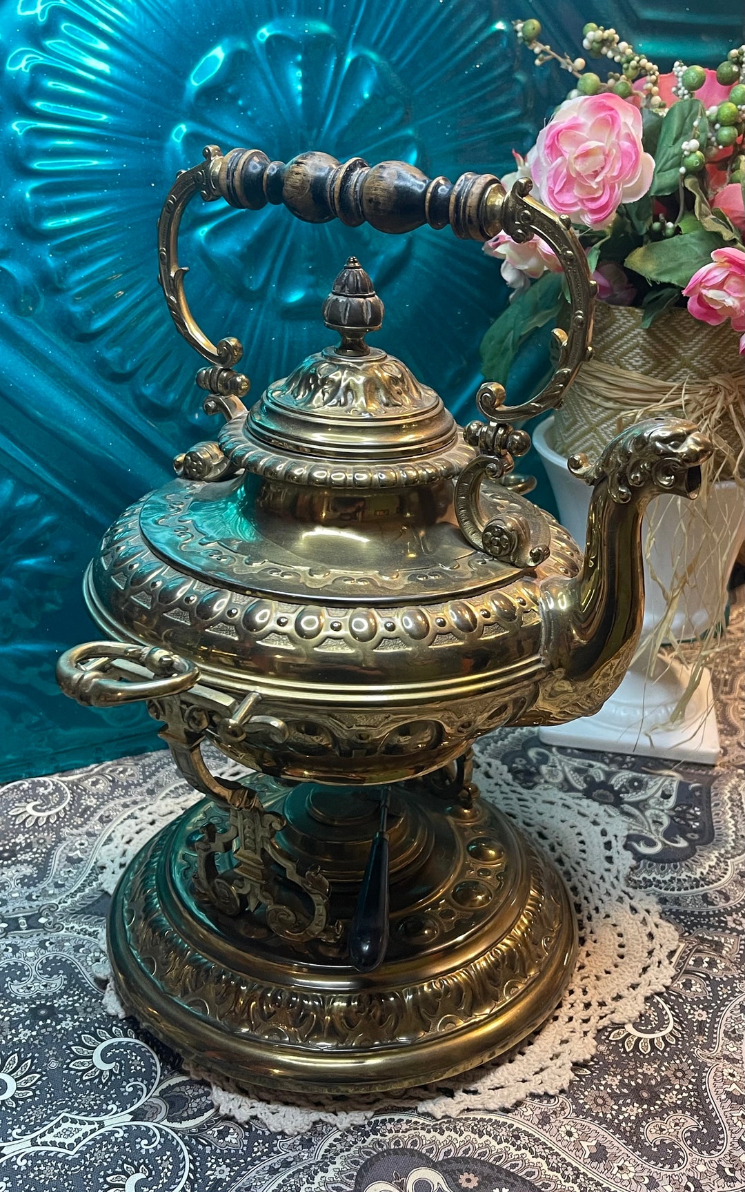Vintage Ornate Brass Tilting Tipping Teapot With Stand and Burner ...