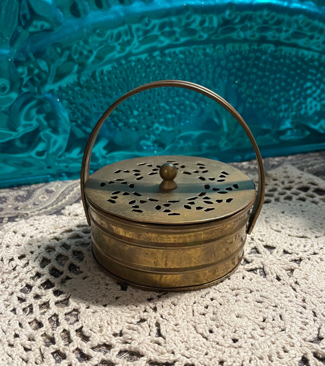 Vintage Perforated Round Brass Box With Handle - Trinket Box - Keepsake ...