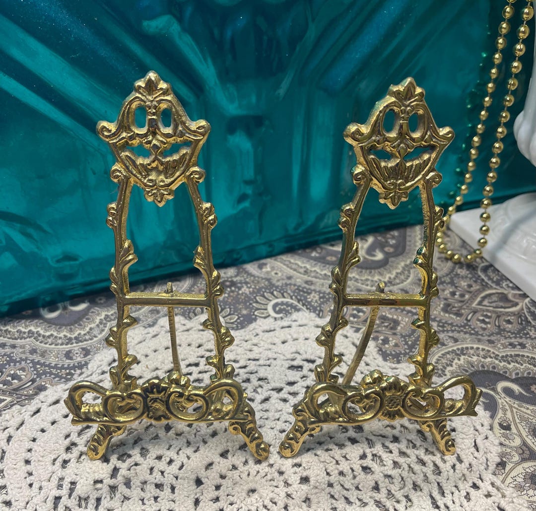 Vintage Set of 2 Small Ornate 6.5 Inch Cast Brass Easels Victorian ...